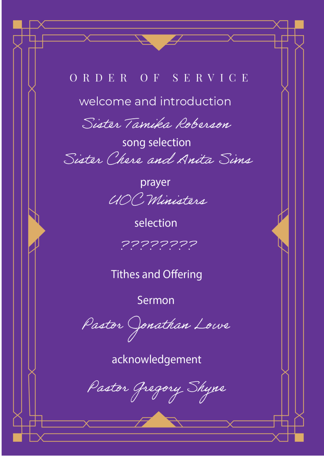 Order of Service – United Outreach Church